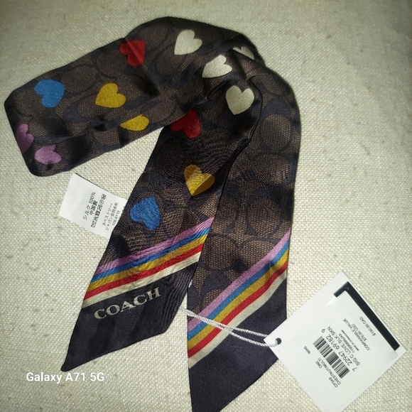 Coach | Accessories | Coach Signature Silk Skinny Scarf With Hearts On ...